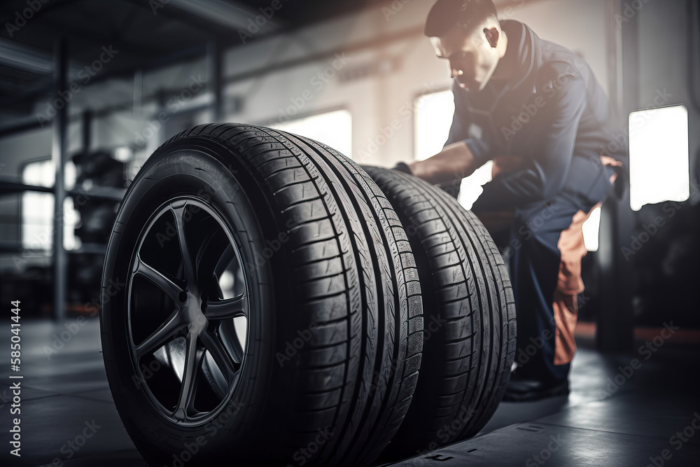 tire at repairing service garage background. Technician man replacing ...