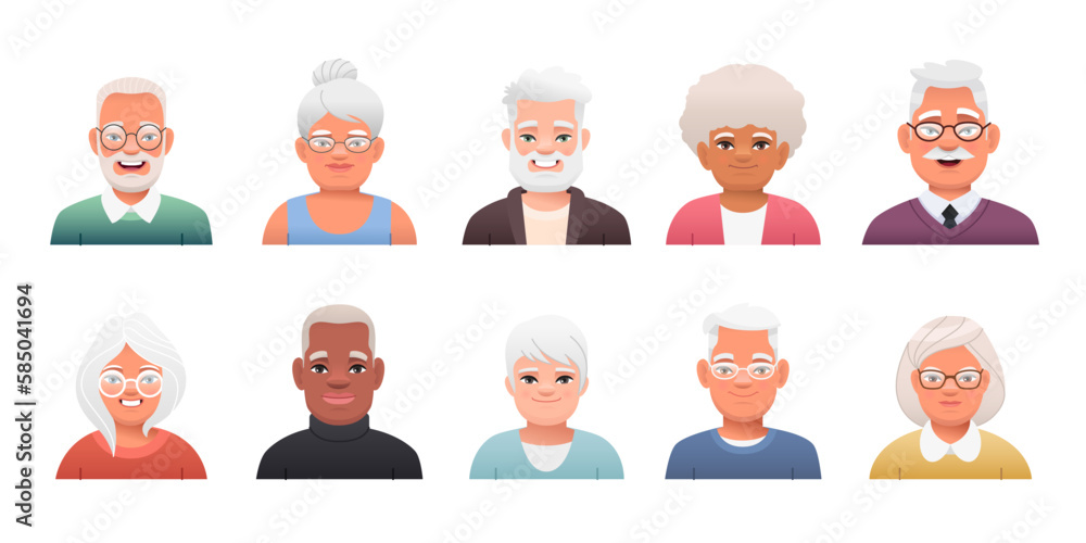 Set of various portraits of happy cute seniors. Facial expressions of ...