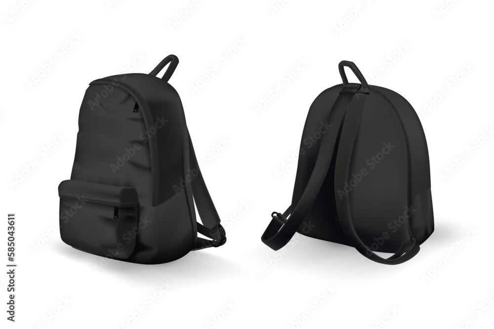 Black backpack isometric design front and back view set. College or ...