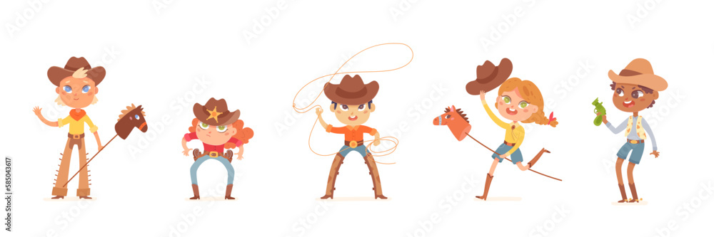 Children play cowboys set vector illustration. Cartoon isolated boys ...