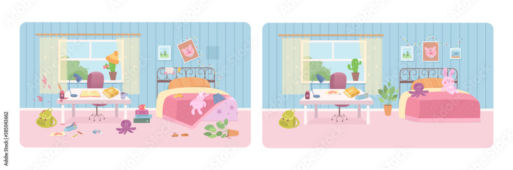 Kids bedroom before and after cleaning, comparison of messy and clean ...