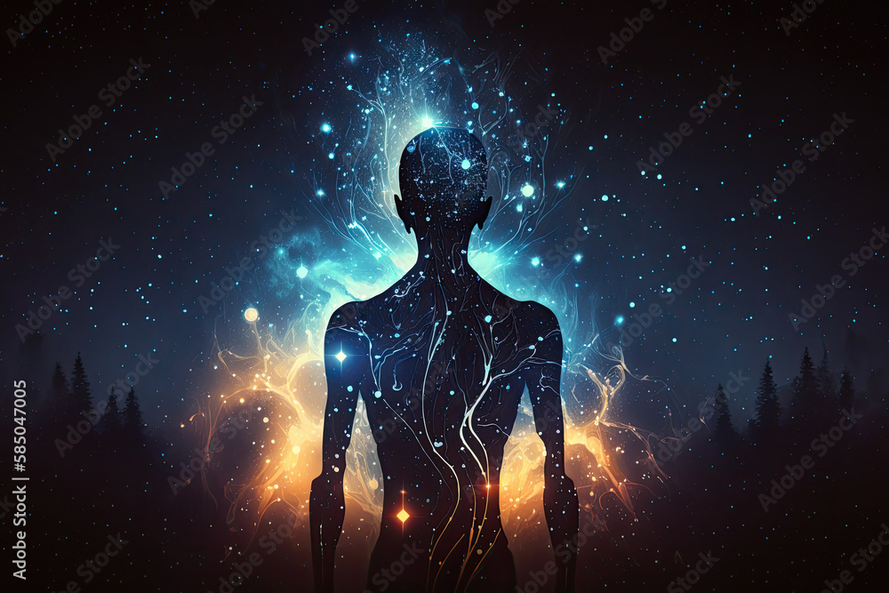 Сyber space concept of glowing astral body silhouette neural network AI ...