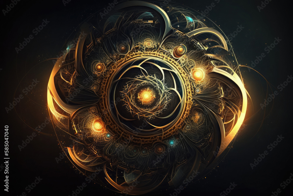 Cosmic trance and hypnosis concept of glowing details in digital neural ...