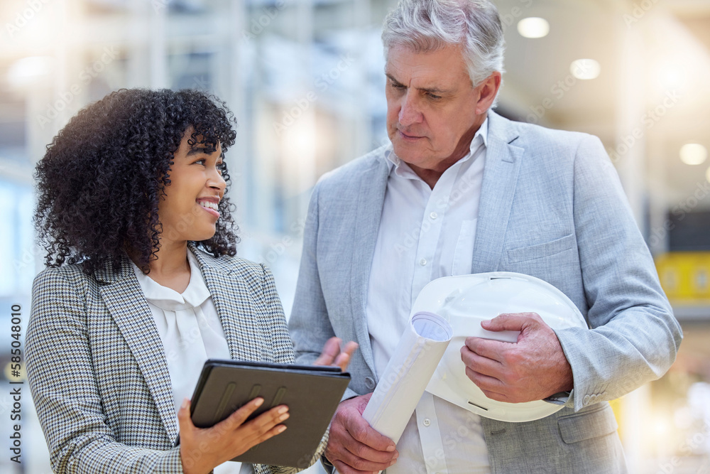 Architect manager, tablet and collaboration teamwork on real estate ...