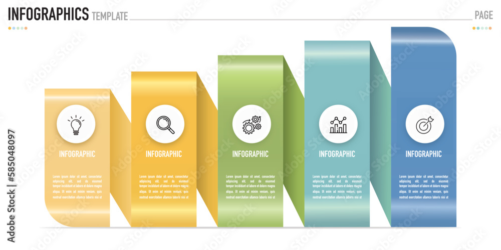 Metallic textures, metal color infographic element with 5 step, process, option, colorful column ...