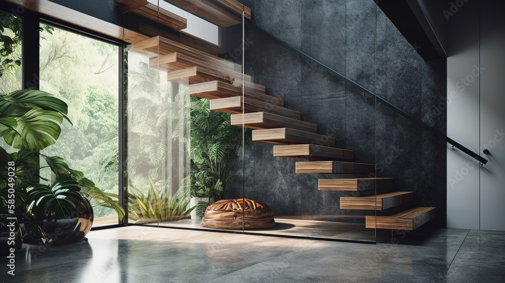 Modern, elegant L shape wood cantilever stair with black granite base ...