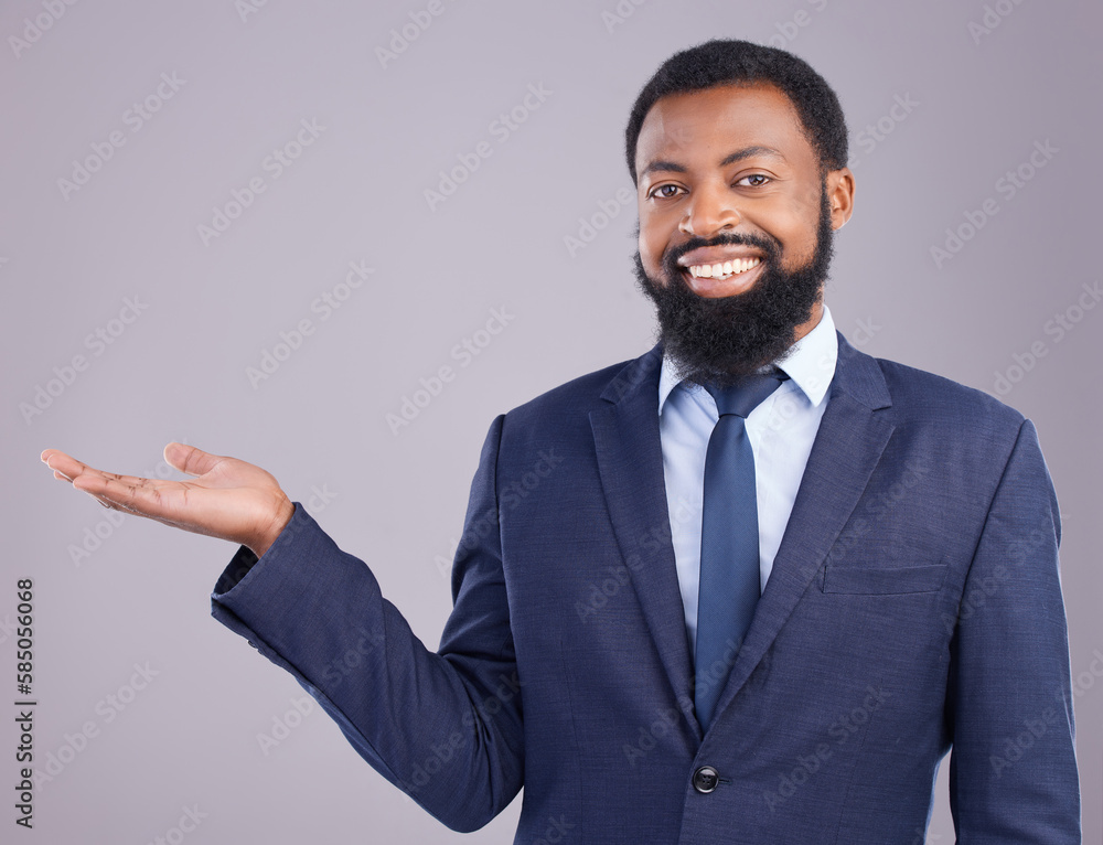 Portrait, black man and product placement for business in studio ...