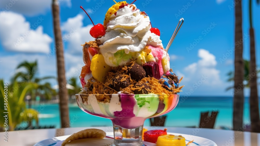 A towering ice cream sundae with multiple scoops of vividly colored ice ...