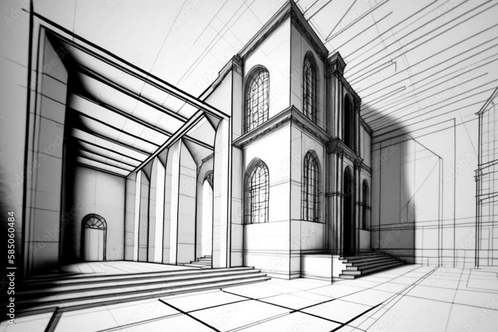 Architecture pencil sketch building drawing. Beautiful house or office ...