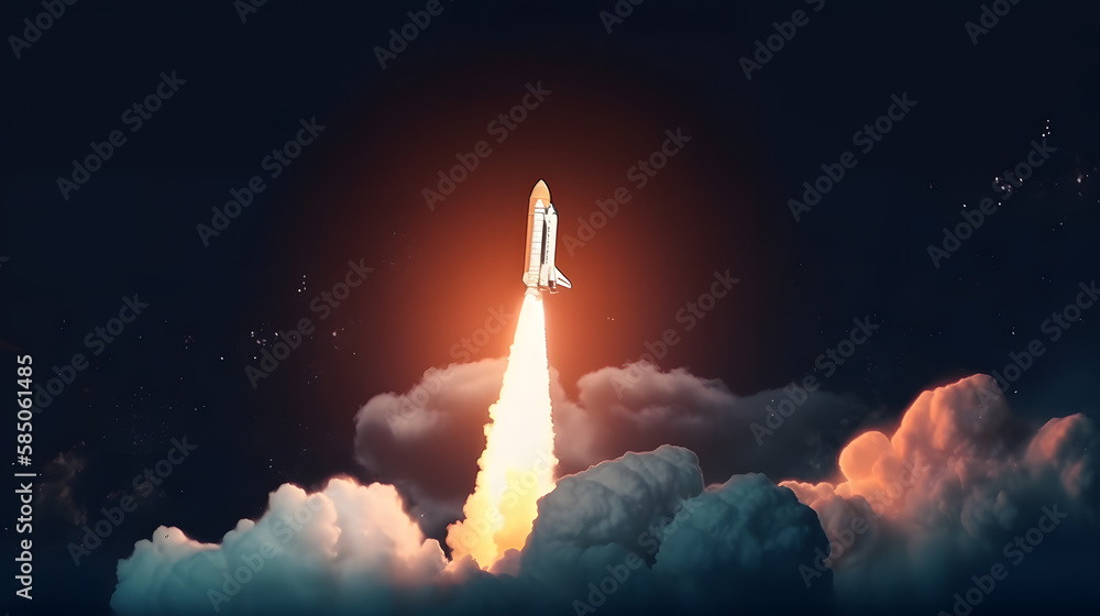 Spaceship takes off into the night sky. Rocket launch with enormous ...