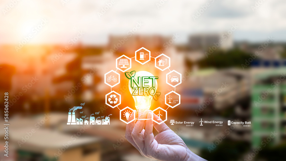 net zero concept. Hand holding city with net zero icon. carbon neutral ...