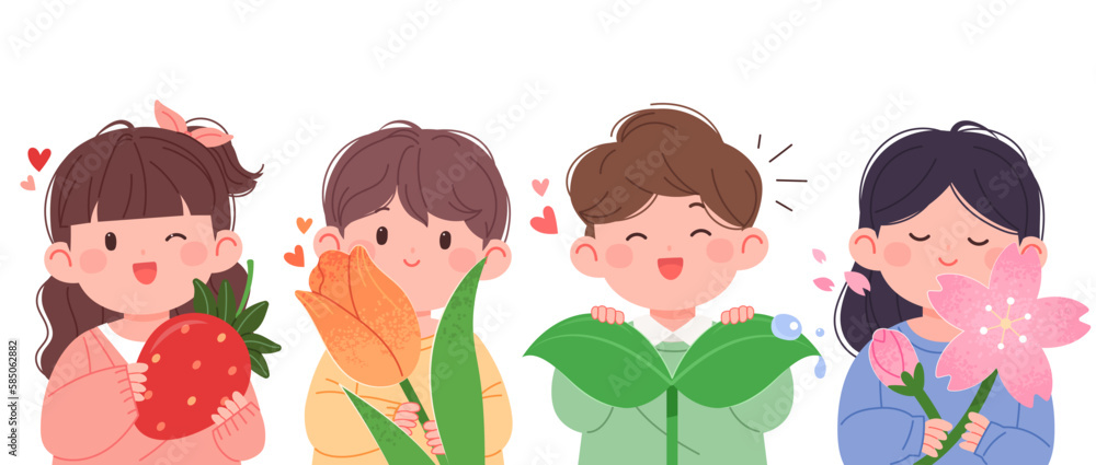 Spring concept cute kids characters illustration. Kindergarten children ...
