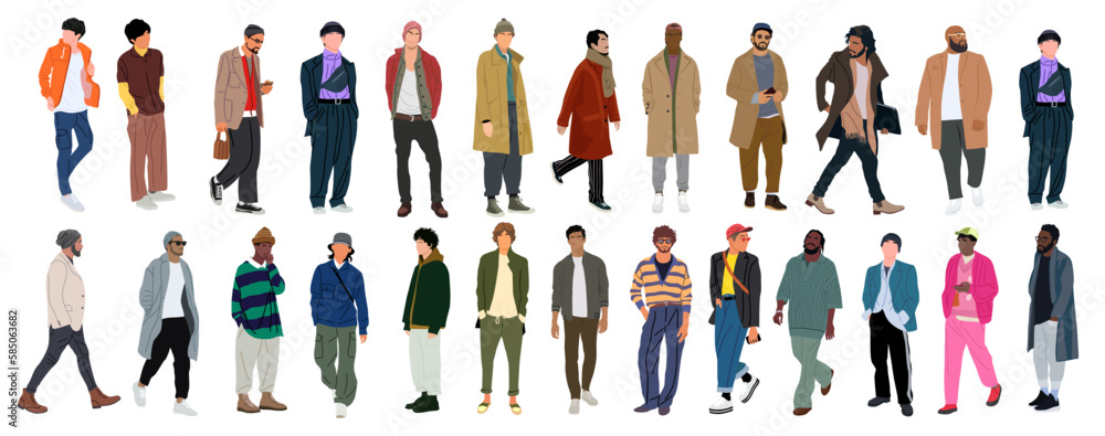 Bundle of Street fashion men vector illustrations. Young men wearing ...
