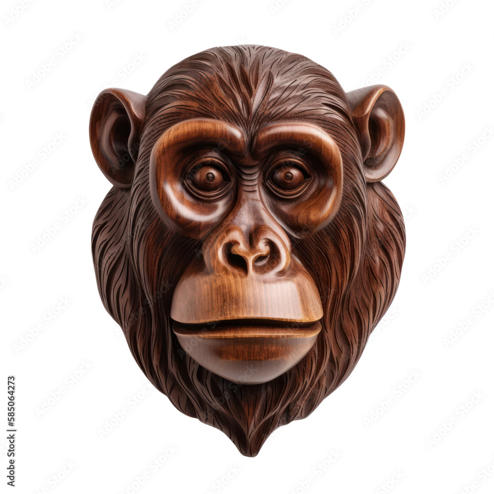 Mahogany wooden monkey head trophy, isolated on white, wall hanging ...