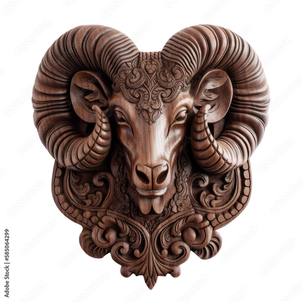 Mahogany wooden ram head trophy, isolated on white, wall hanging ...