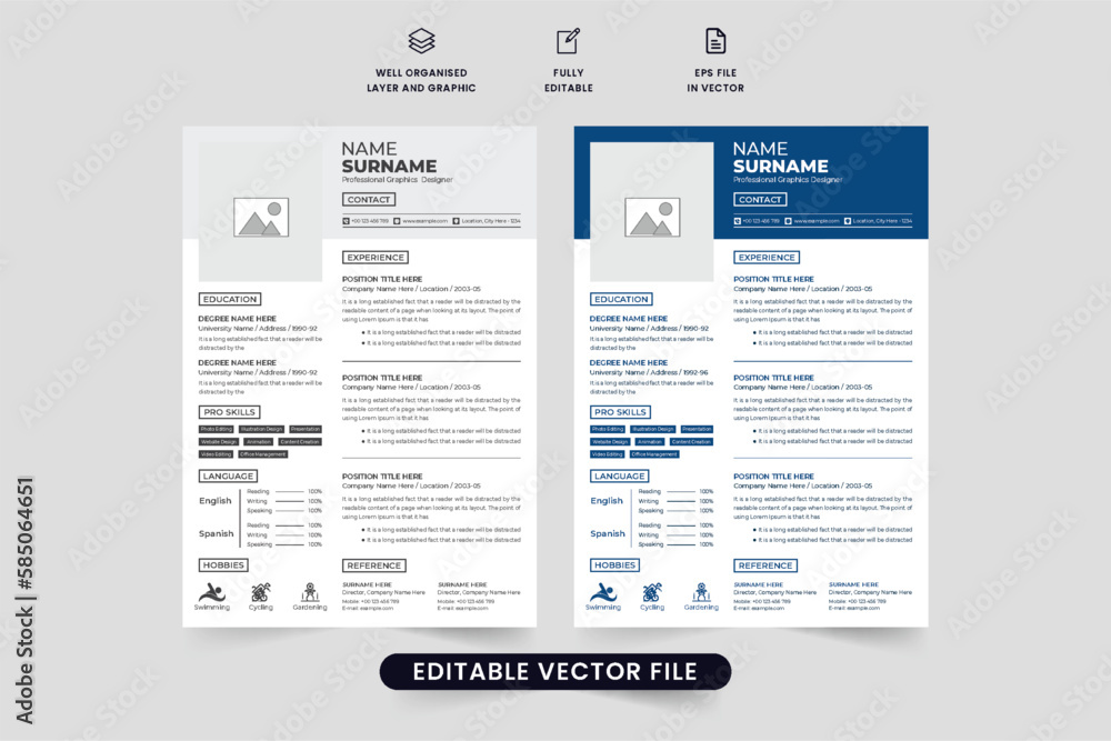 Simple CV template vector with photo placeholders and job experience ...