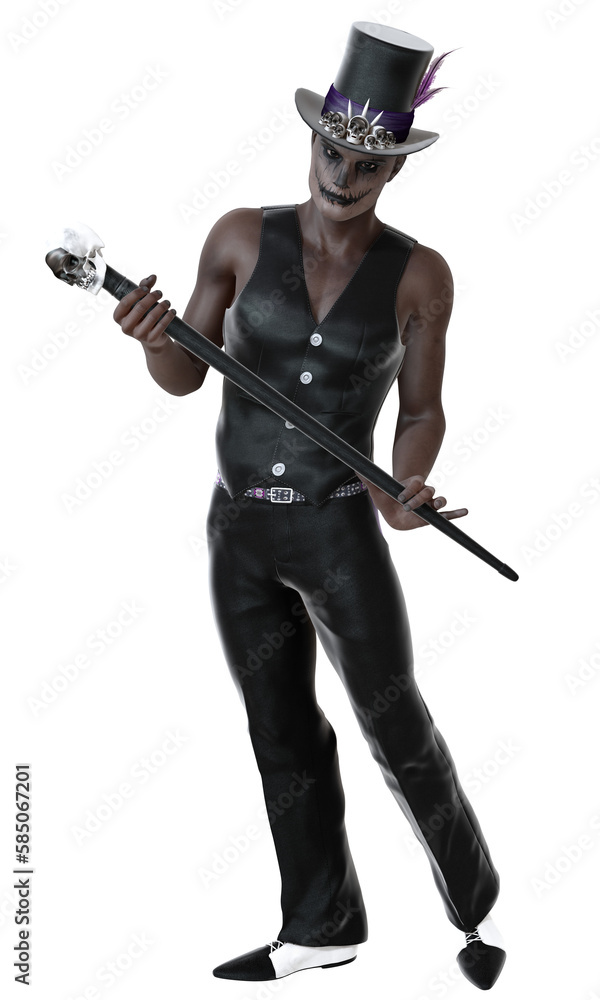 3d illustration of a masked Goth man dressed in Gothic clothing holding ...