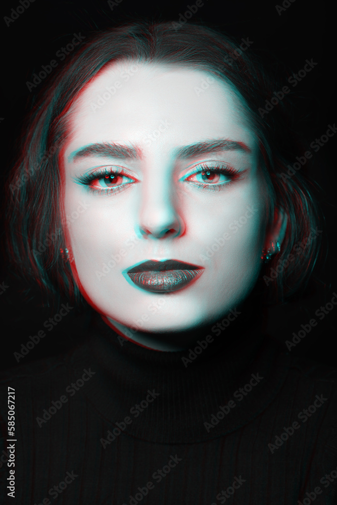 Beautiful woman with make-up close-up studio portrait in RGB color ...