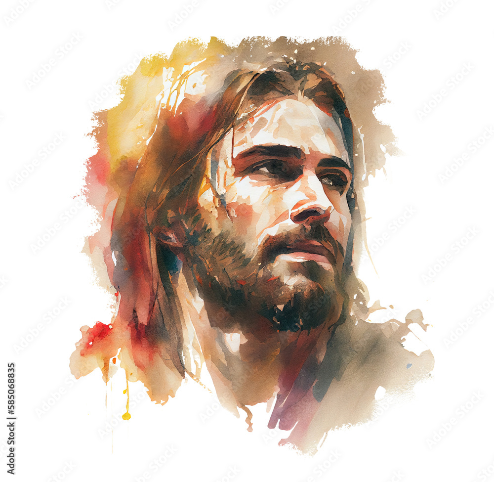 Watercolor drawing Jesus Christ. Dark and red colors. Savior for people ...
