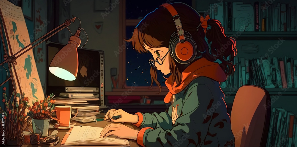 Anime cute girl studying in her room, chill, cozy vibes. Lofi girl ...