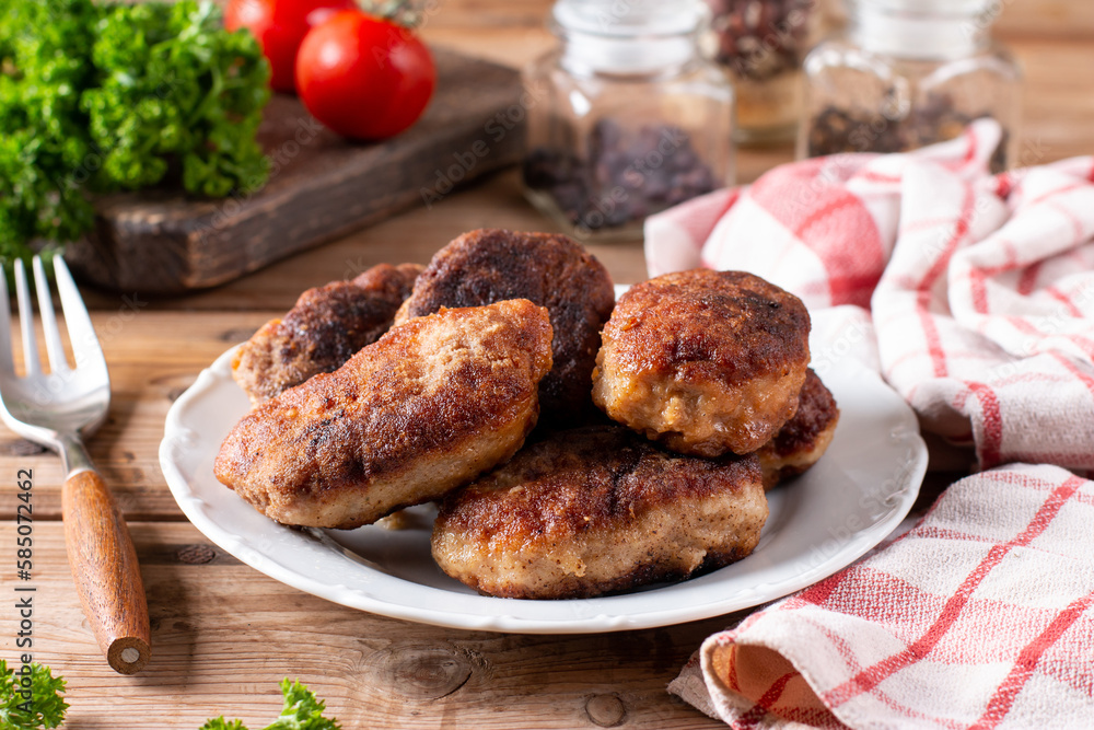 Pork cutlets from minced meat. Pan-fried meatballs. Healthy dinner for ...