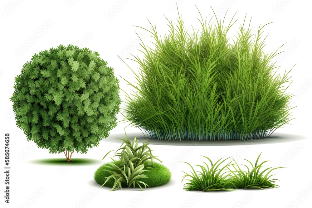 Green grass bush and trunks isolated collection. Lush shrubs on white ...