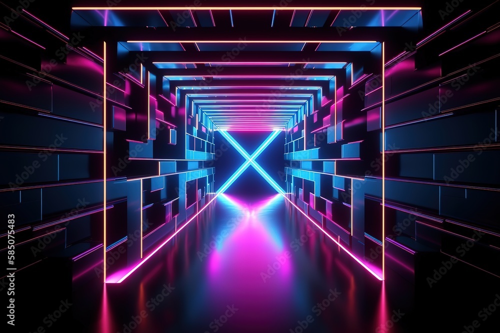 3d render, abstract neon background, glowing pink blue led light, cross ...