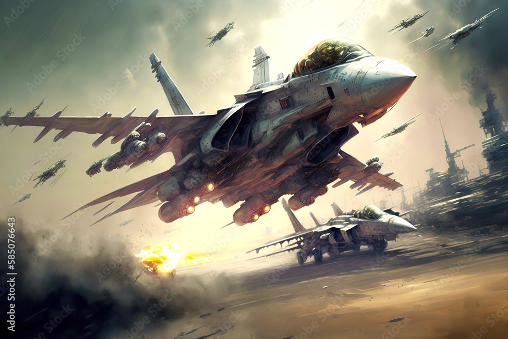 Military combat fighter jets deploys in air and fires missiles, created ...