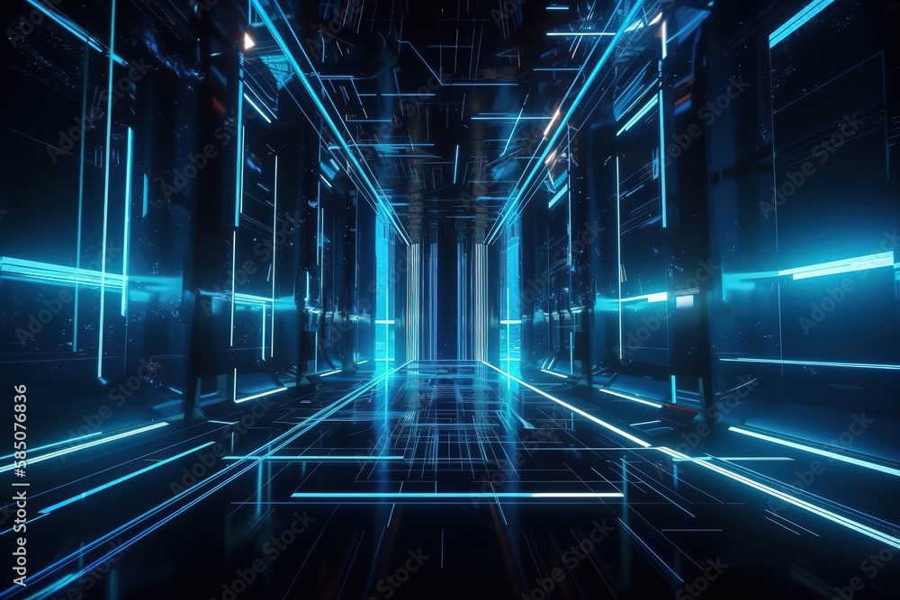 Abstract blue futuristic background, data center, data transfer, rays ...