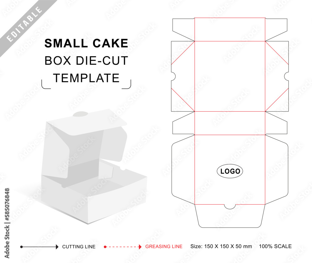 Small cake box die cut template with 3D blank vector mockup for food ...
