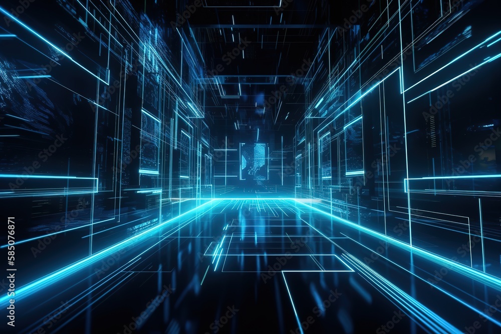 Abstract blue futuristic background, data center, data transfer, rays ...