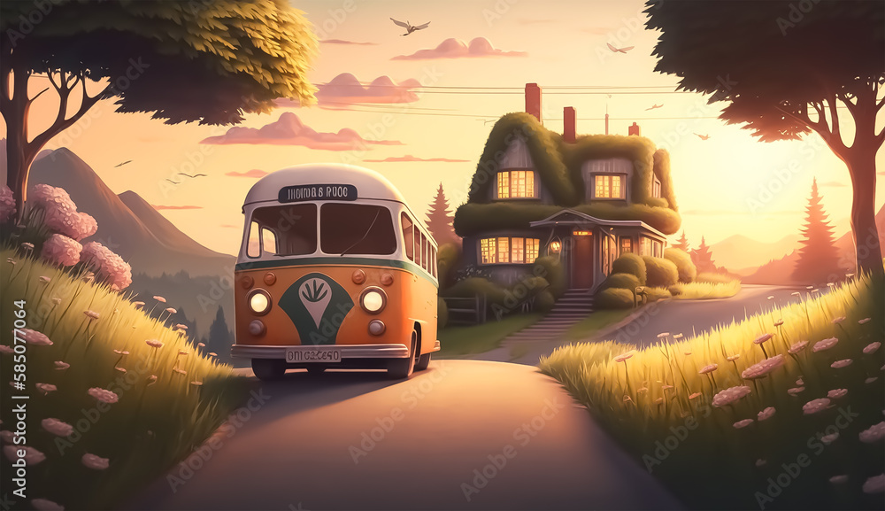 Cute little retro bus driving through a beautiful country road at ...