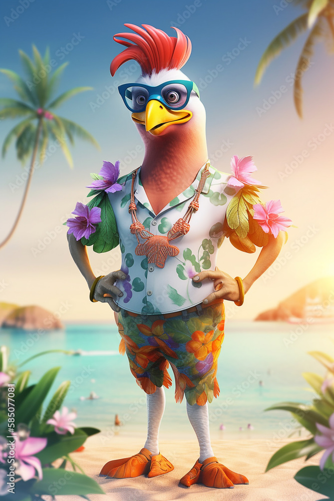 Stylish Chicken Fantasy Cartoon Character In Hawaiian Outfits Clothes ...