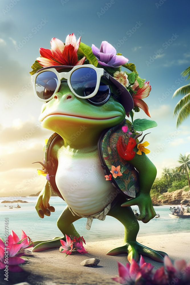 Stylish Frog Fantasy Cartoon Character In Hawaiian Outfits Clothes On ...