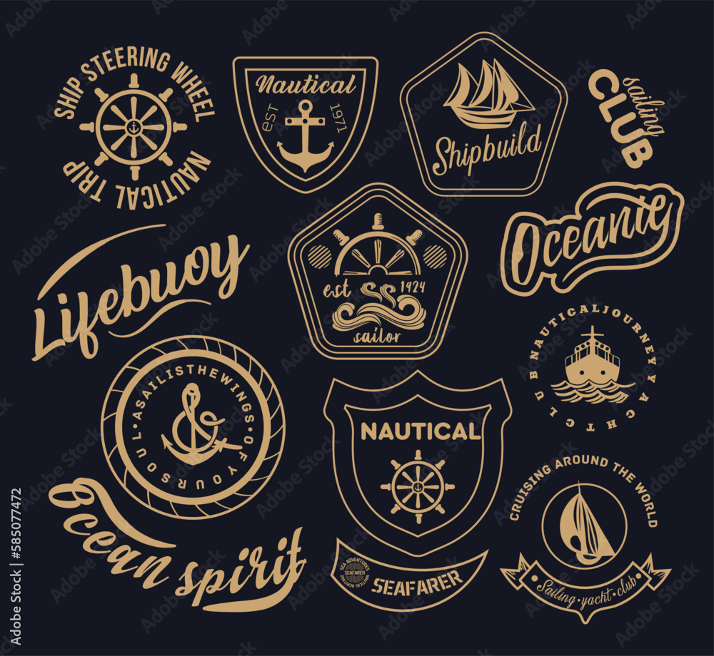 Sailing stickers gold set. Collection of minimalist badges with ...