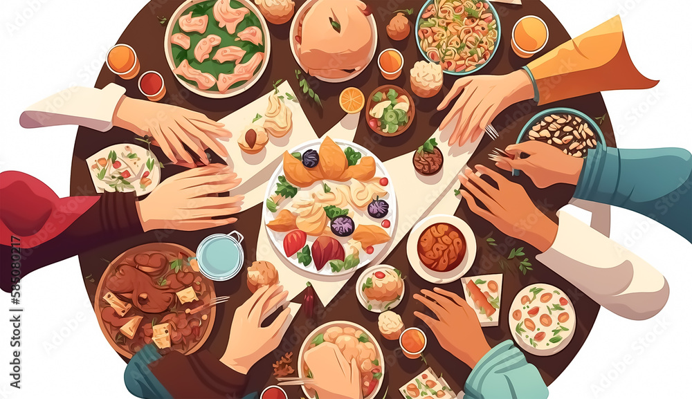 Ramadan iftar table with many multicultural hands reaching for ...