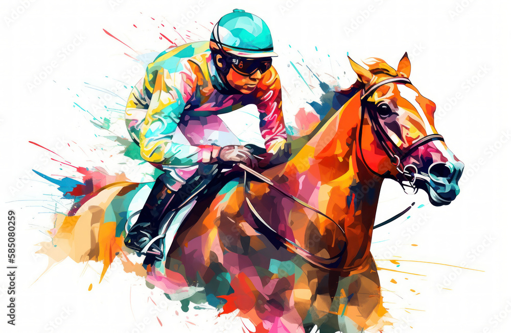 Abstract racing horse with jockey from splash of watercolors on white ...