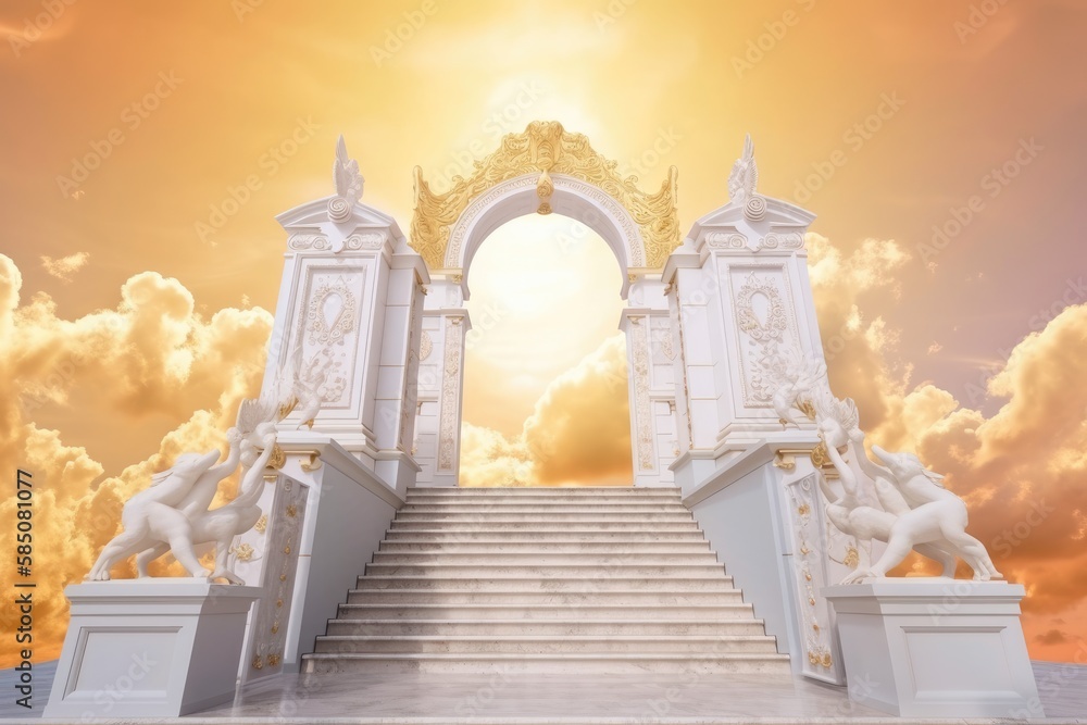 White marble stairway leading to the ornate golden gates of heaven in ...