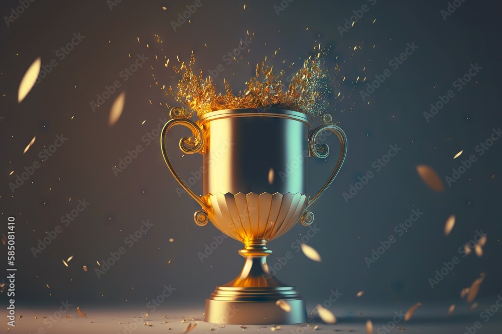Shining golden cup with confetti on grey blurry background, created ...