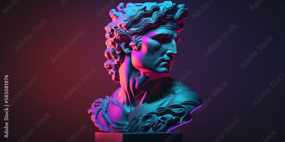 Statue of of Apollo God of Sun. Creative concept colorful neon image ...