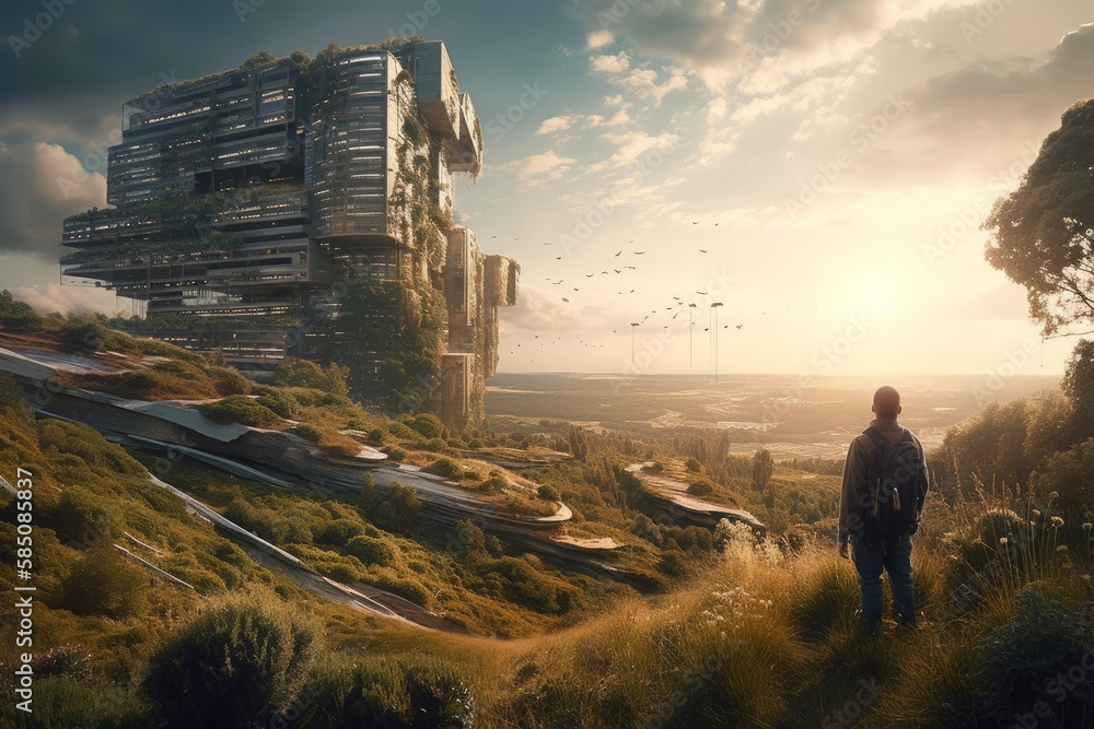The Ultimate Futuristic Landscape: A Man Standing on a Hill in a ...