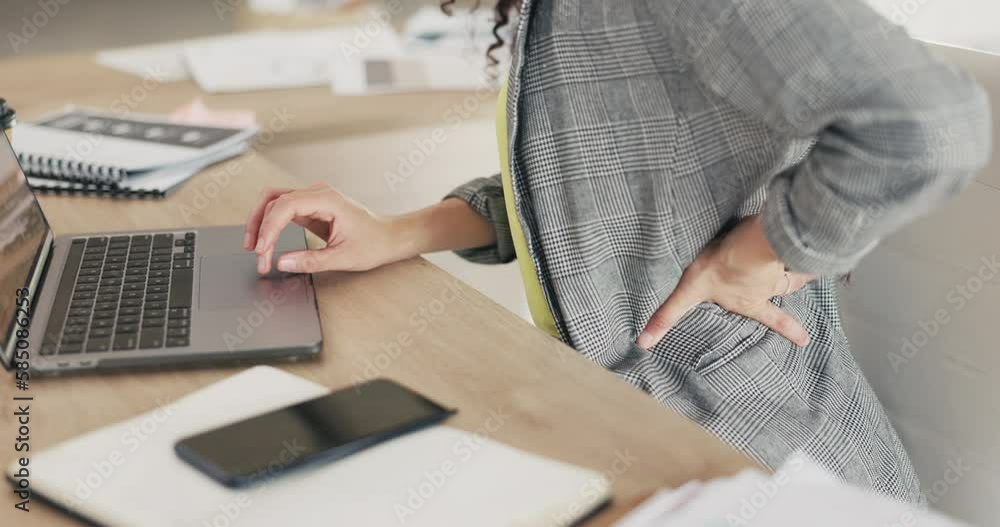 Back pain, office and hands of business woman with laptop with strain ...
