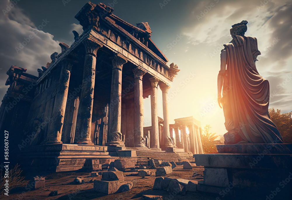 Ancient greek civilization, ancient greek temple ruins with female goddess statue with clouds ...