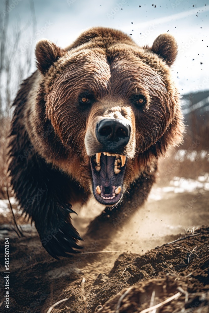 Furious Grizzly bear attacking rushing toward the camera. Generative AI Stock Illustration ...