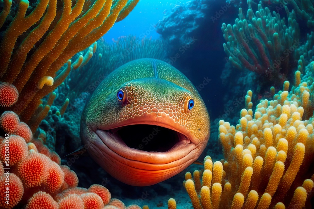 Moray eel hunting its prey in ocean from ambush, created with ...