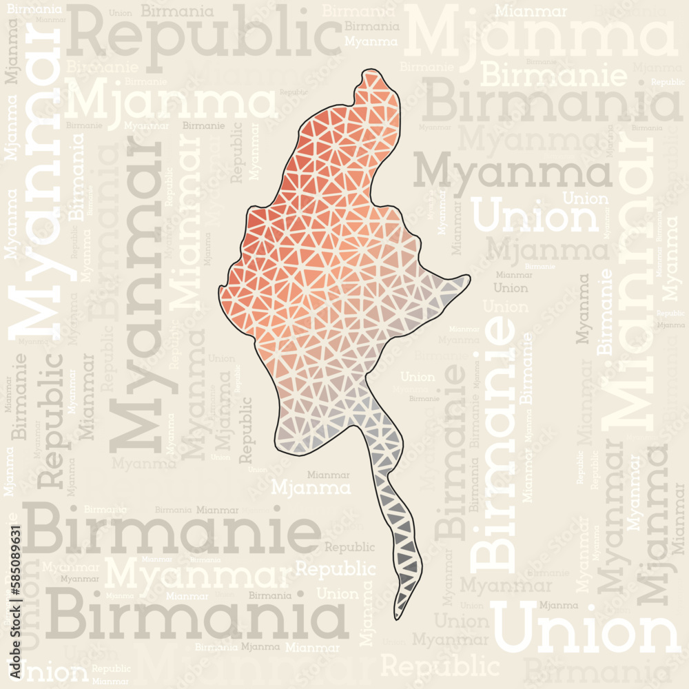 MYANMAR map design. Country names in different languages and map shape ...