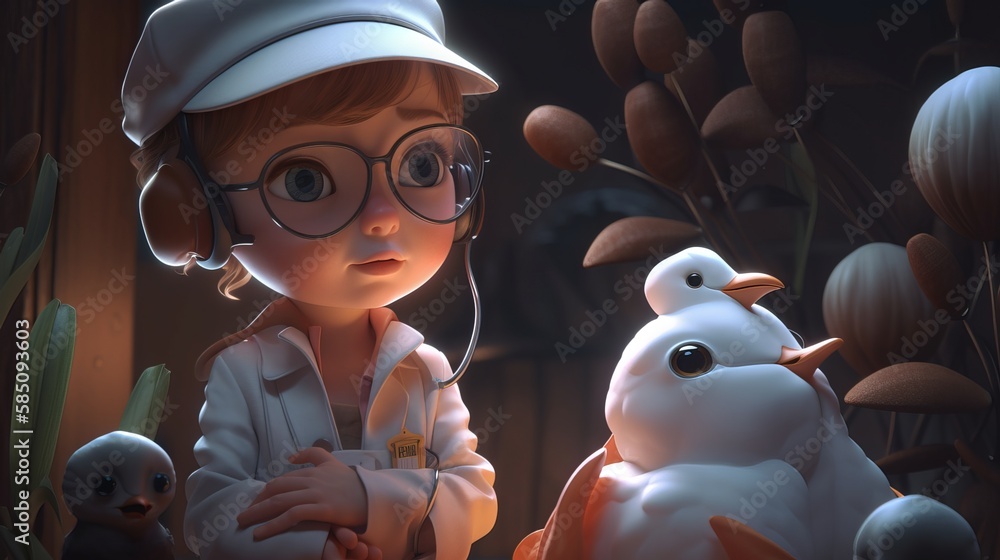Cute and adorable cartoon doctor, next to a child, fantasy, dreamlike ...