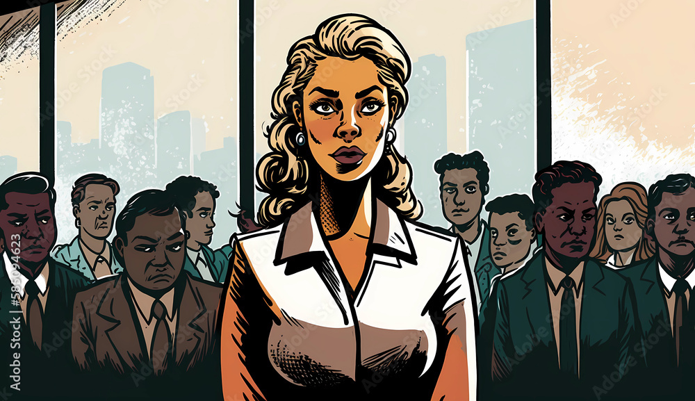 cartoon illustration of woman showing leadership in front of corporate ...