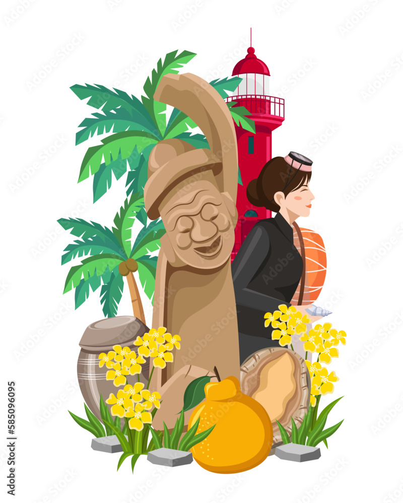 Jeju island landmarks collection. Canola flowers, female diver, abalone ...