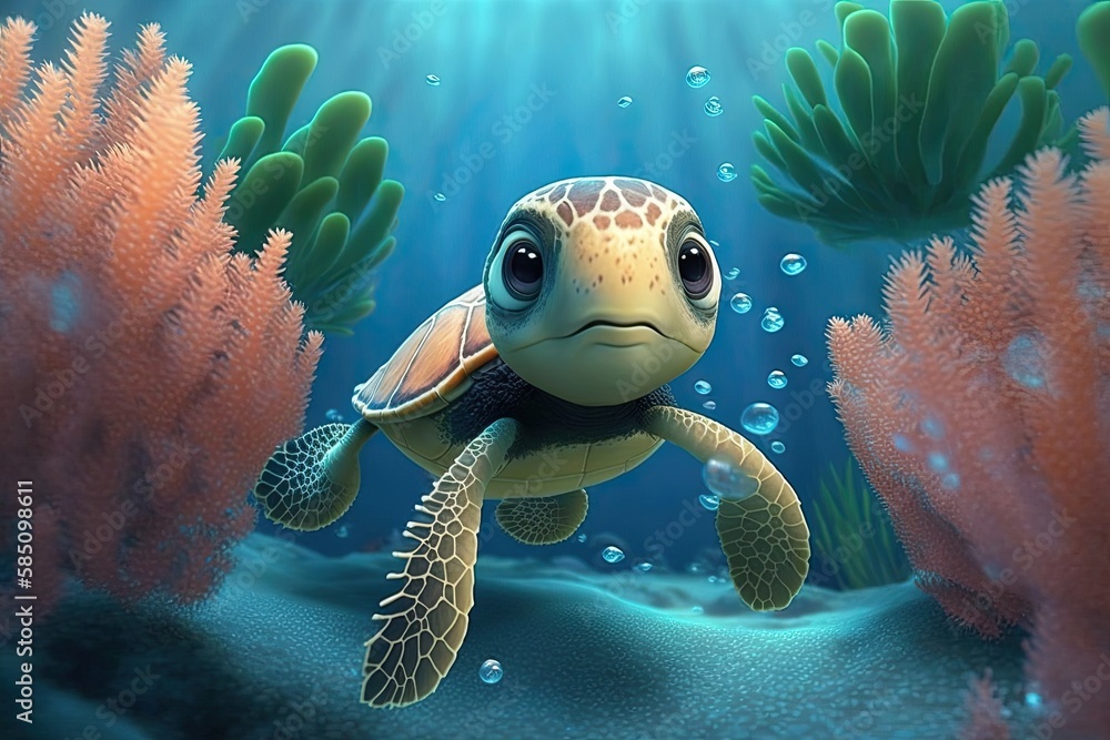 Cute Cartoon Sea Turtle Underwater (Generative AI) Stock Illustration ...